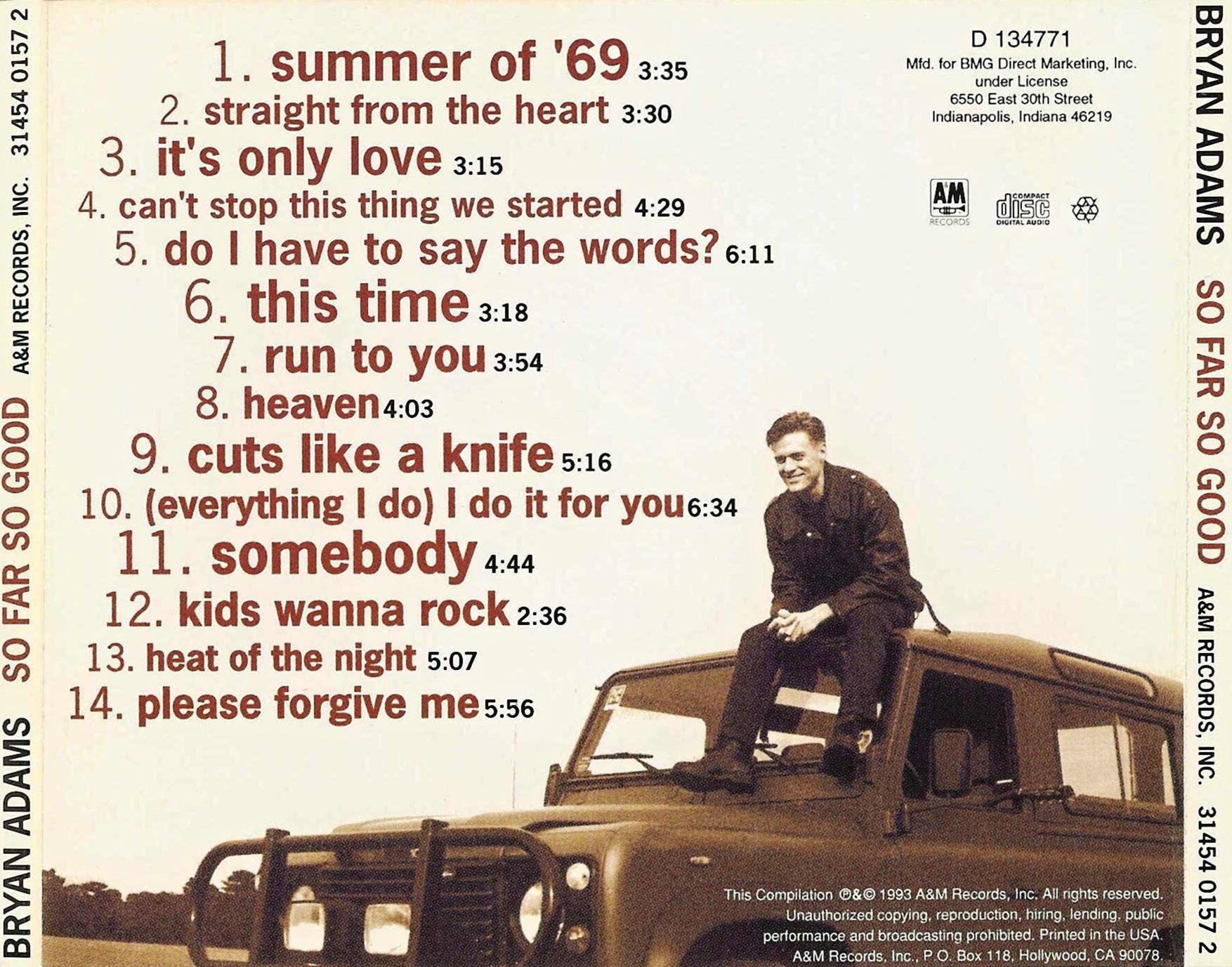 Copertina cd Bryan Adams - So Far So Good (USA) - Back, cover cd Bryan ...